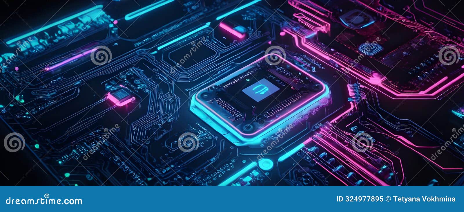 Computer Motherboard with Pink and Blue Neon Lights, Electronic Circuit ...