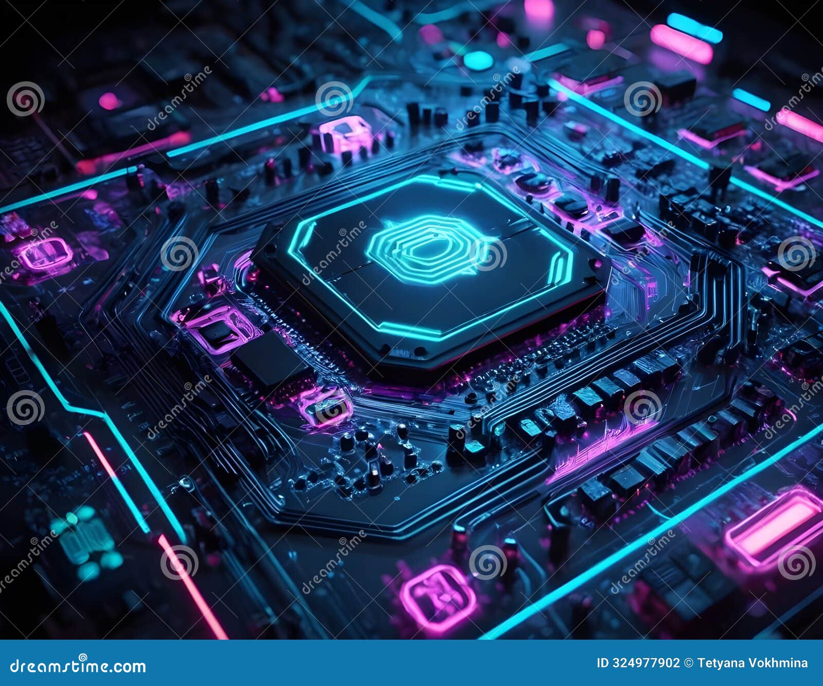 Computer Motherboard with Pink and Blue Neon Lights, Electronic Circuit ...