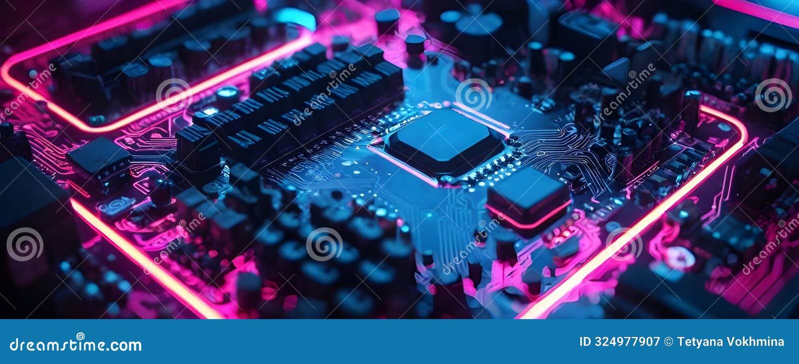 Computer Motherboard with Pink and Blue Neon Lights, Electronic Circuit ...
