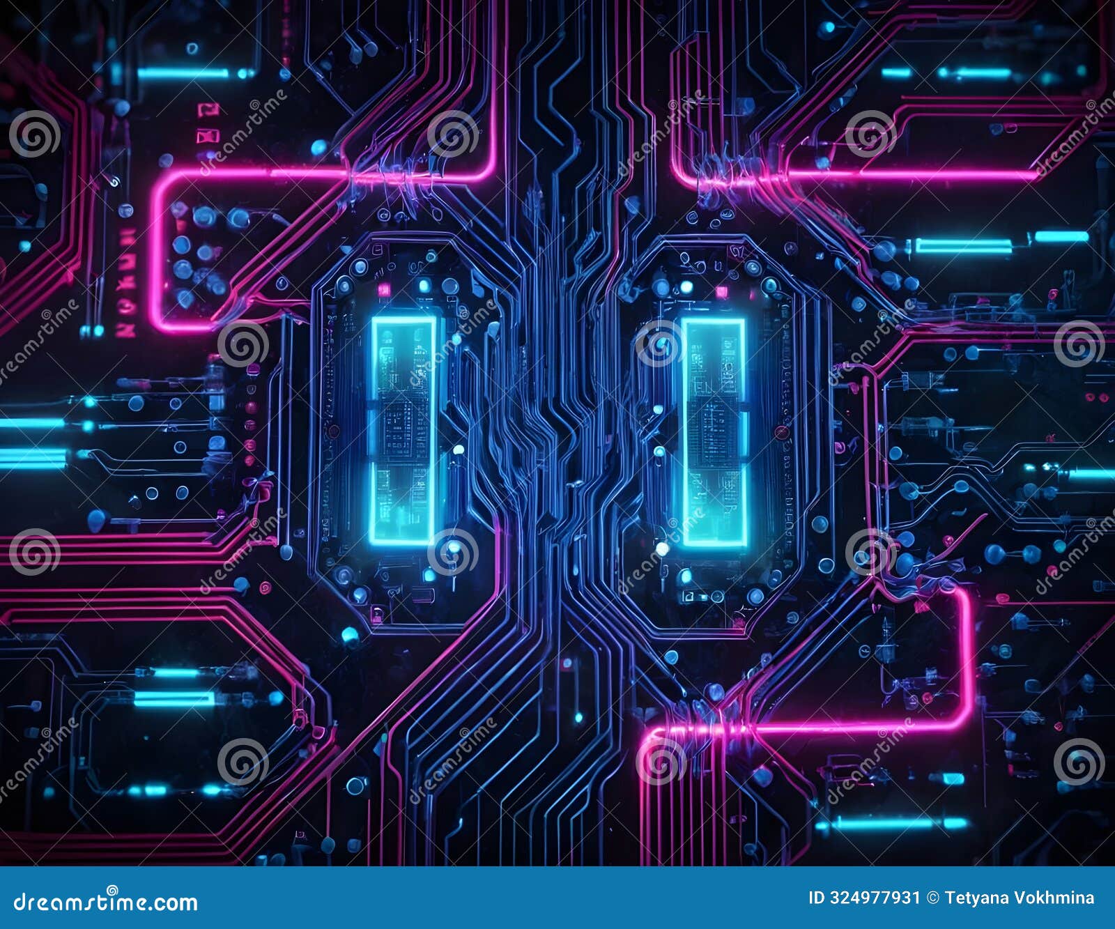 Computer Motherboard with Pink and Blue Neon Lights, Electronic Circuit ...