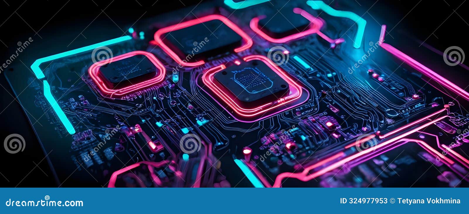 Computer Motherboard with Pink and Blue Neon Lights, Electronic Circuit ...