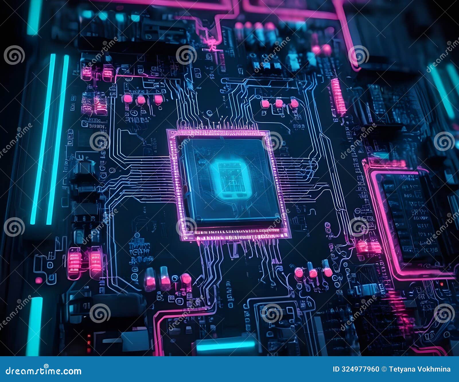 Computer Motherboard with Pink and Blue Neon Lights, Electronic Circuit ...