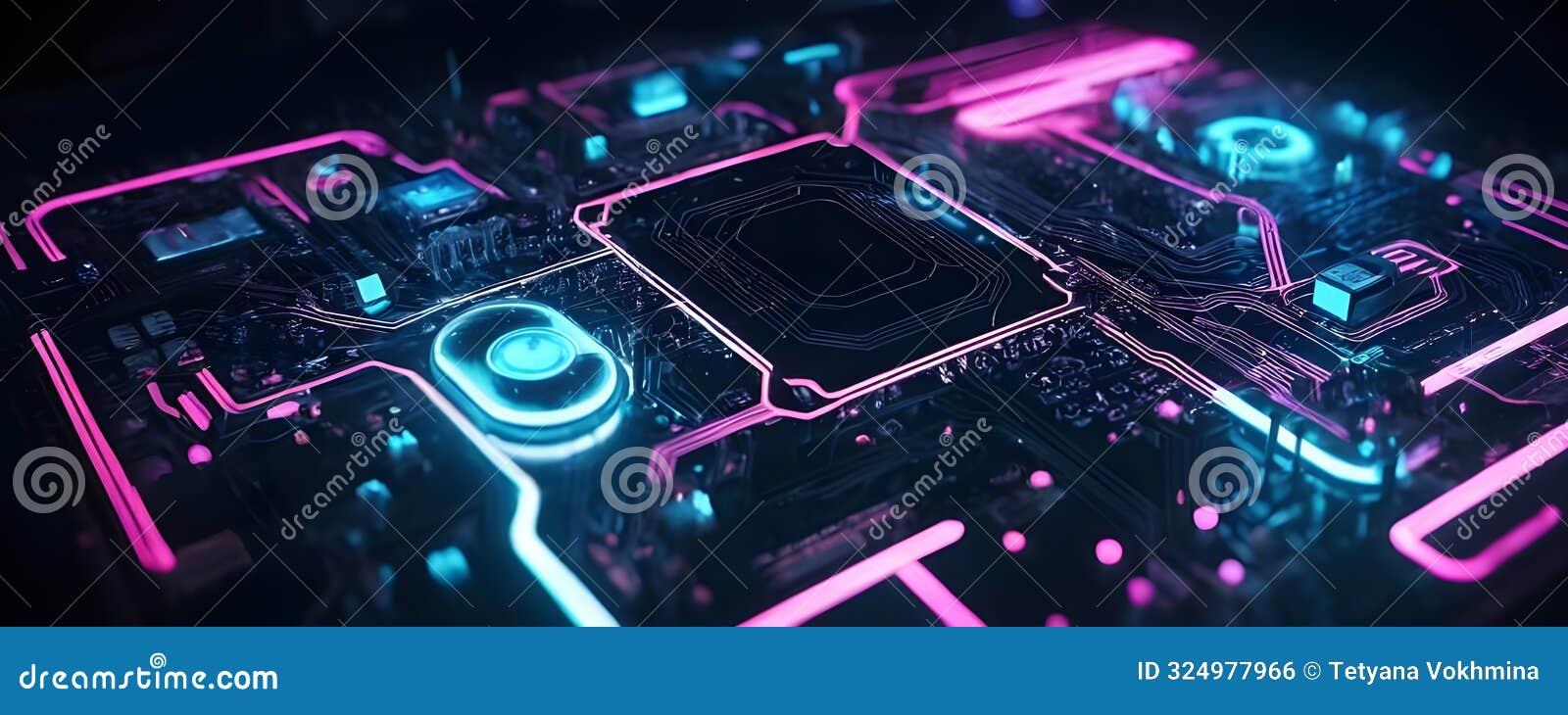 Computer Motherboard with Pink and Blue Neon Lights, Electronic Circuit ...