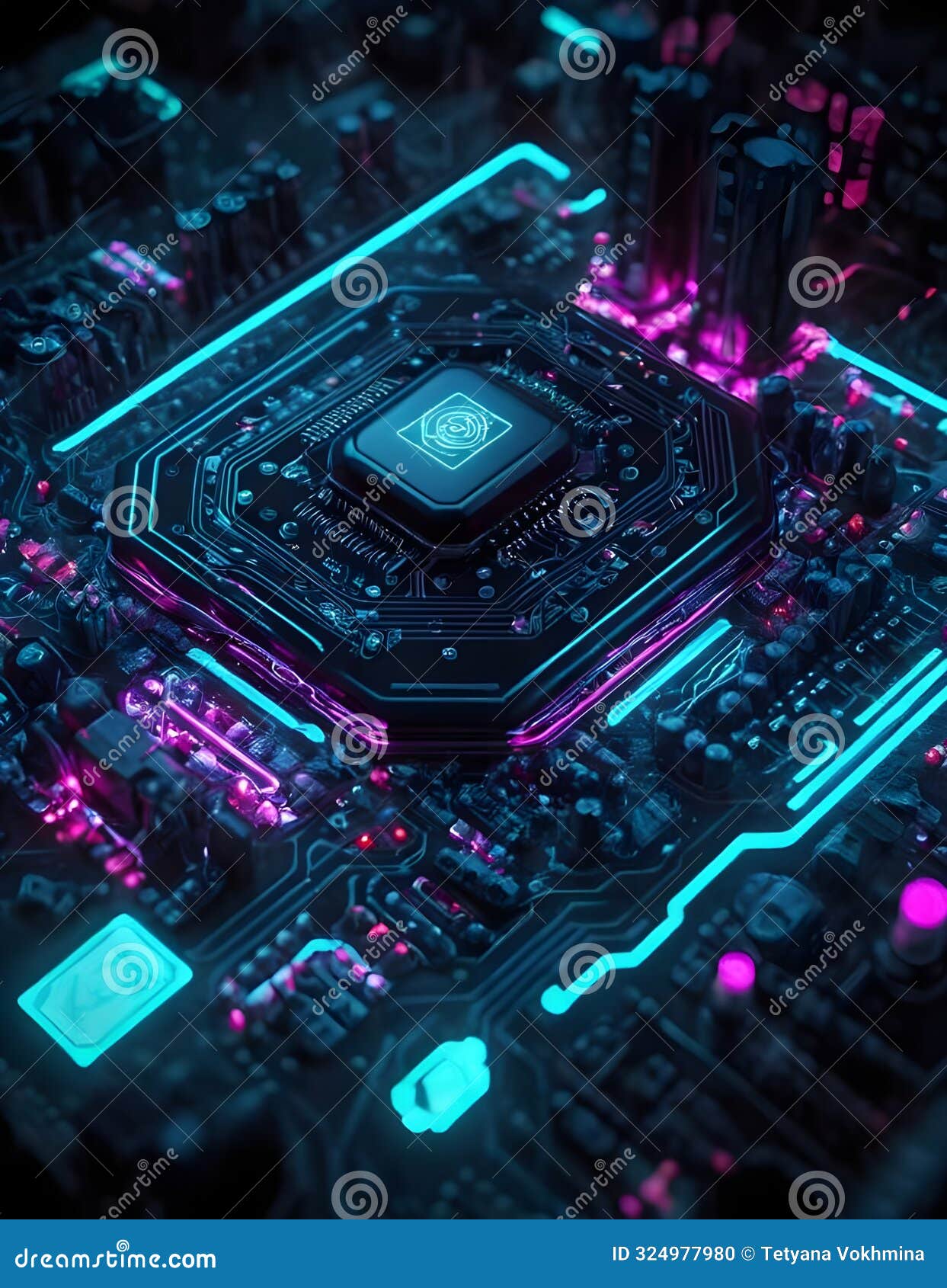 Computer Motherboard with Pink and Blue Neon Lights, Electronic Circuit ...