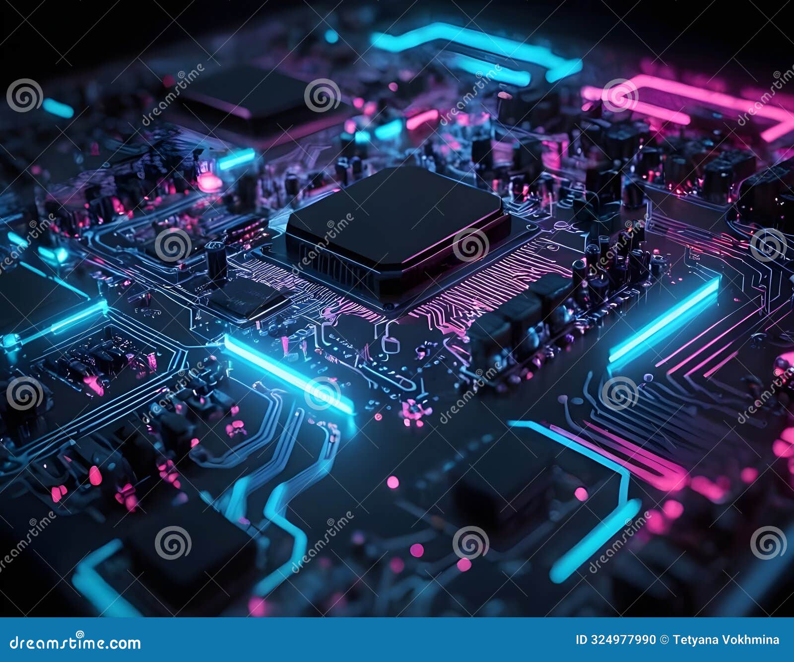 Computer Motherboard with Pink and Blue Neon Lights, Electronic Circuit ...