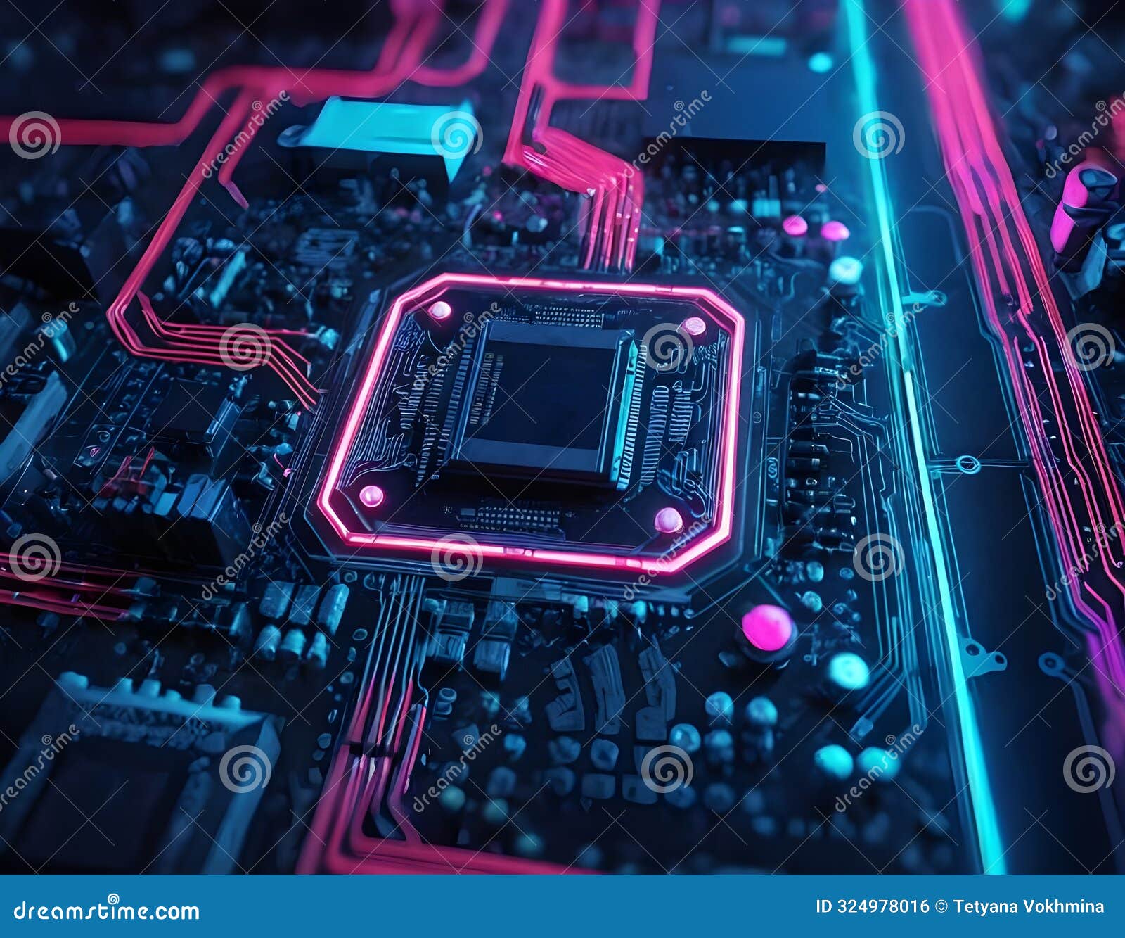 Computer Motherboard with Pink and Blue Neon Lights, Electronic Circuit ...
