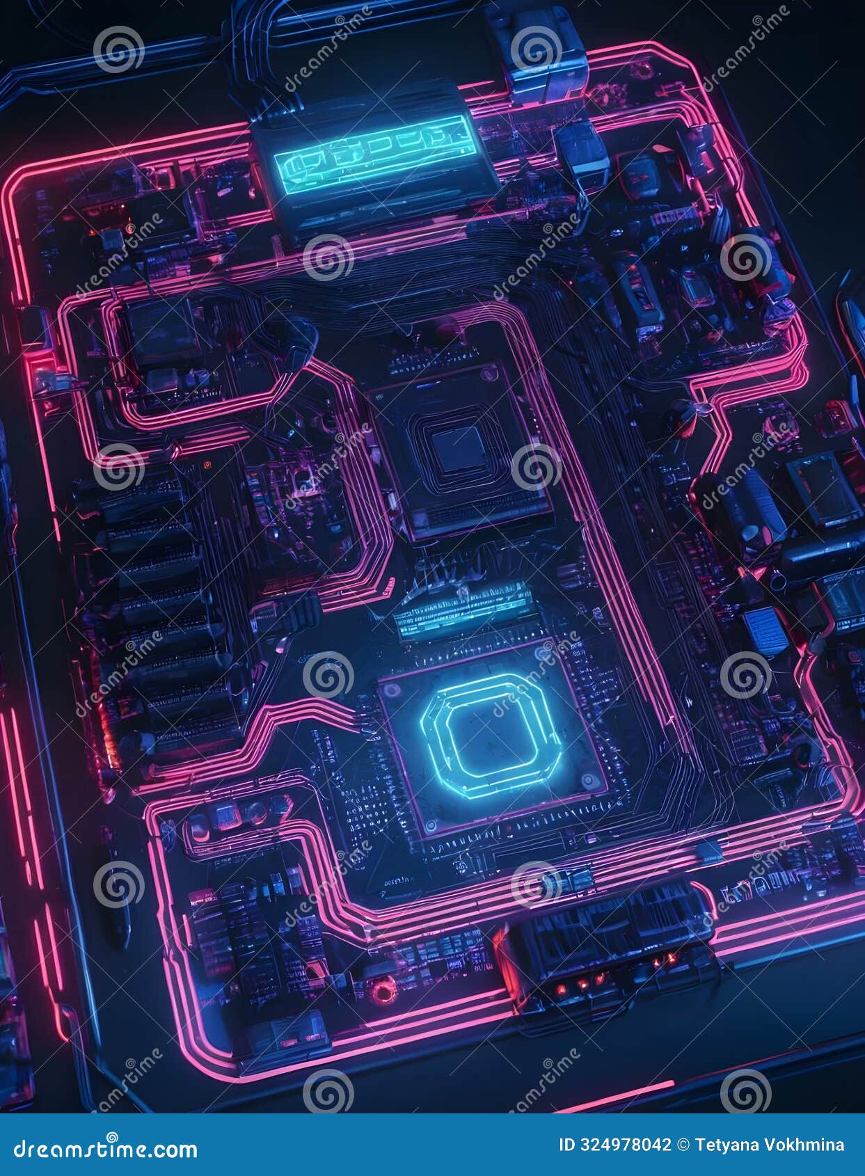 Computer Motherboard with Pink and Blue Neon Lights, Electronic Circuit ...
