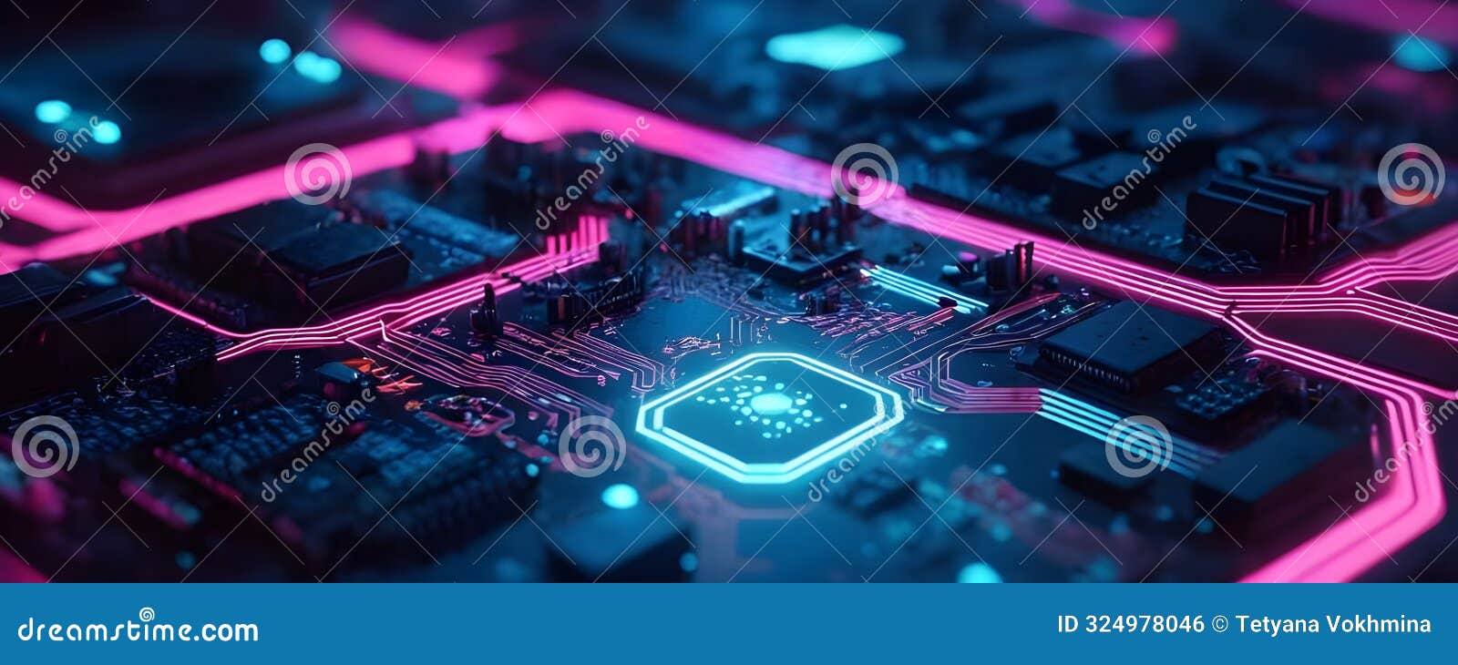 Computer Motherboard with Pink and Blue Neon Lights, Electronic Circuit ...