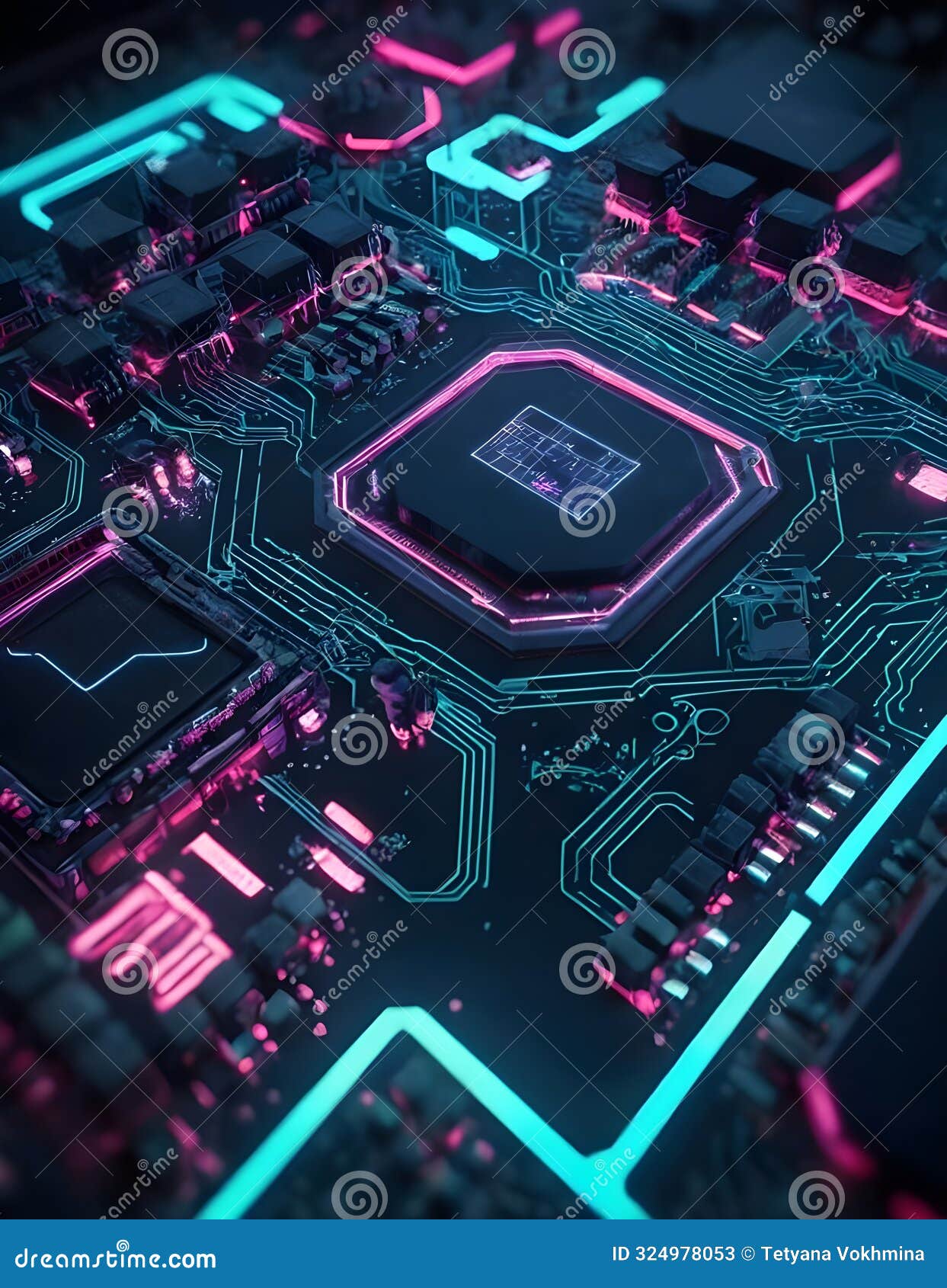 Computer Motherboard with Pink and Blue Neon Lights, Electronic Circuit ...