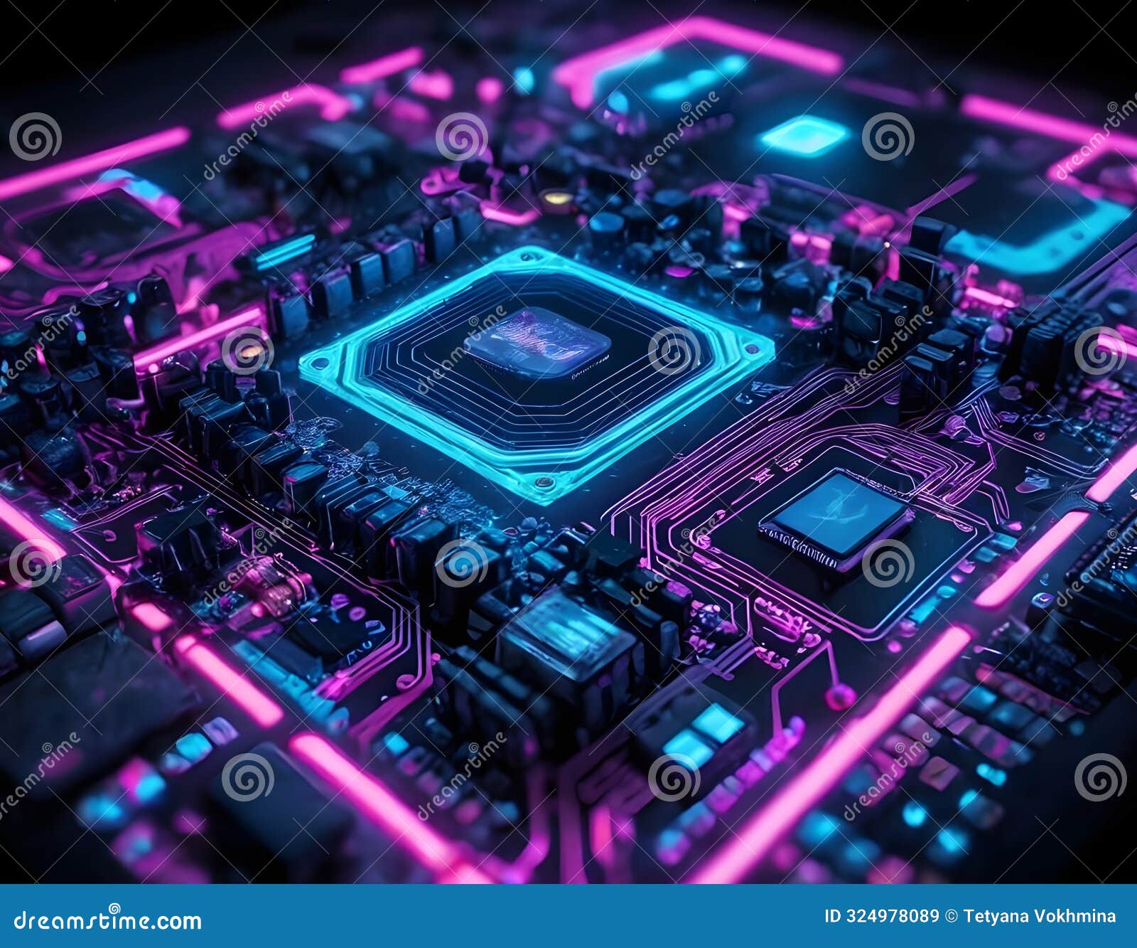 Computer Motherboard with Pink and Blue Neon Lights, Electronic Circuit ...