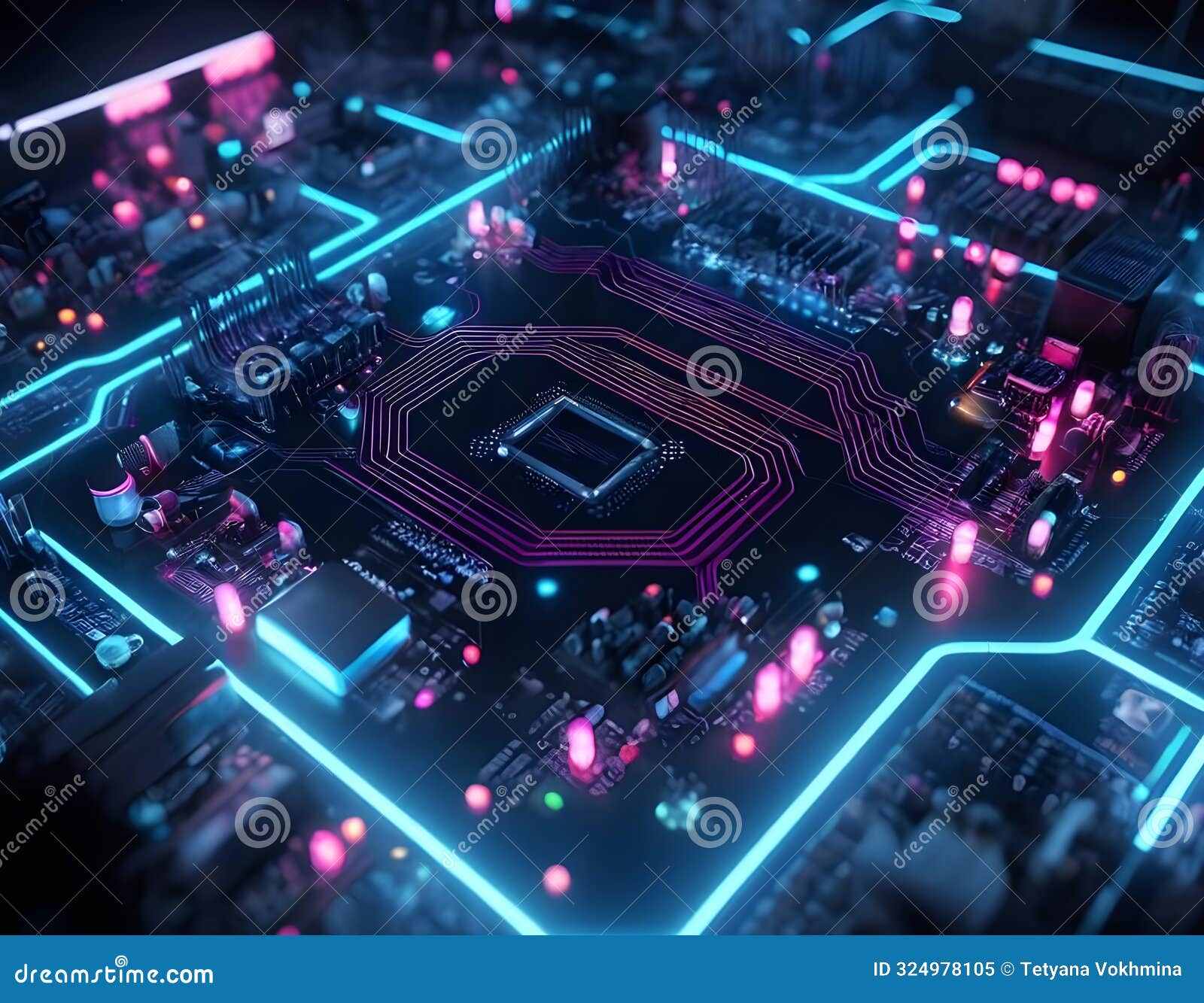 Computer Motherboard with Pink and Blue Neon Lights, Electronic Circuit ...