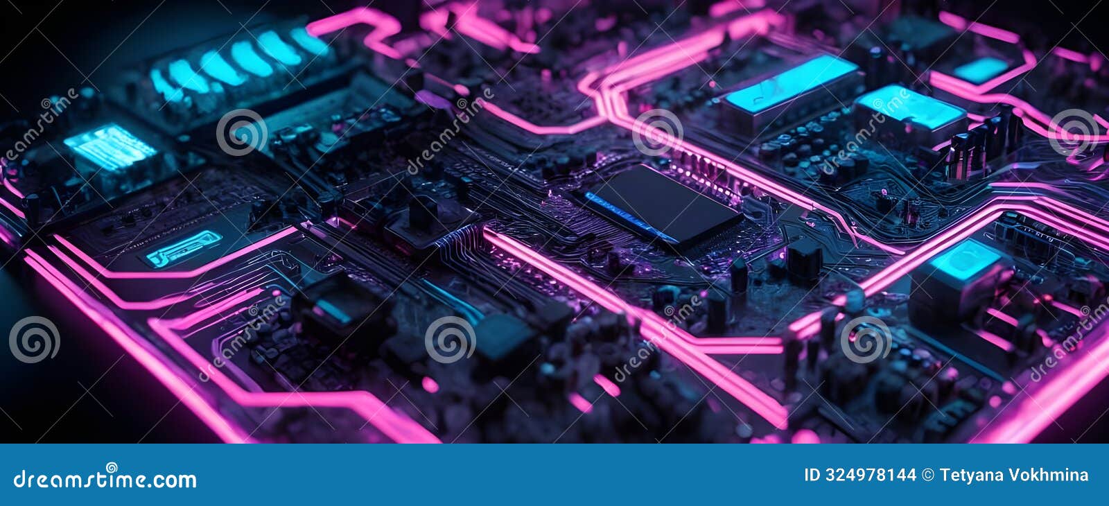 Computer Motherboard with Pink and Blue Neon Lights, Electronic Circuit ...
