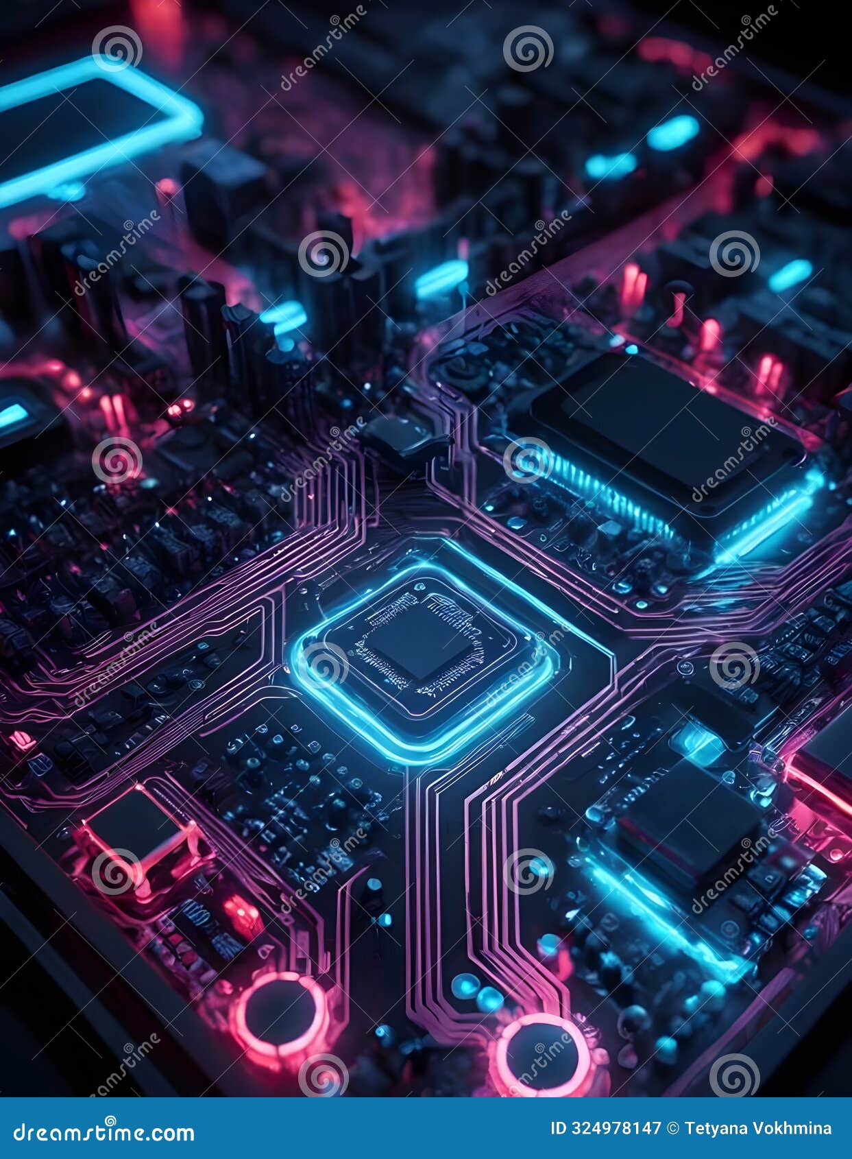 Computer Motherboard with Pink and Blue Neon Lights, Electronic Circuit ...