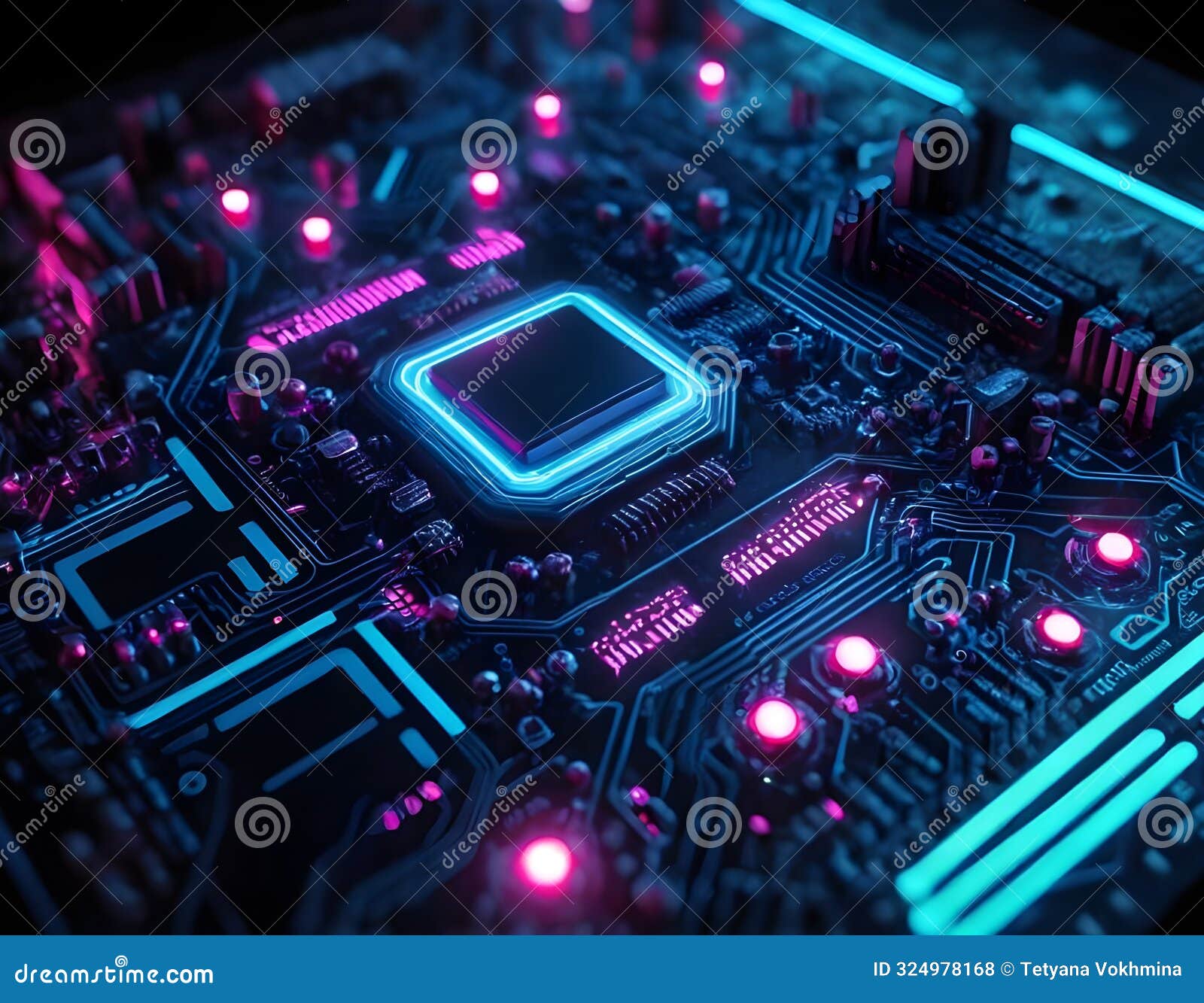 Computer Motherboard with Pink and Blue Neon Lights, Electronic Circuit ...