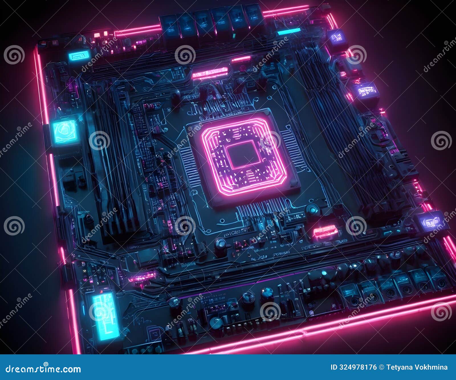 Computer Motherboard with Pink and Blue Neon Lights, Electronic Circuit ...