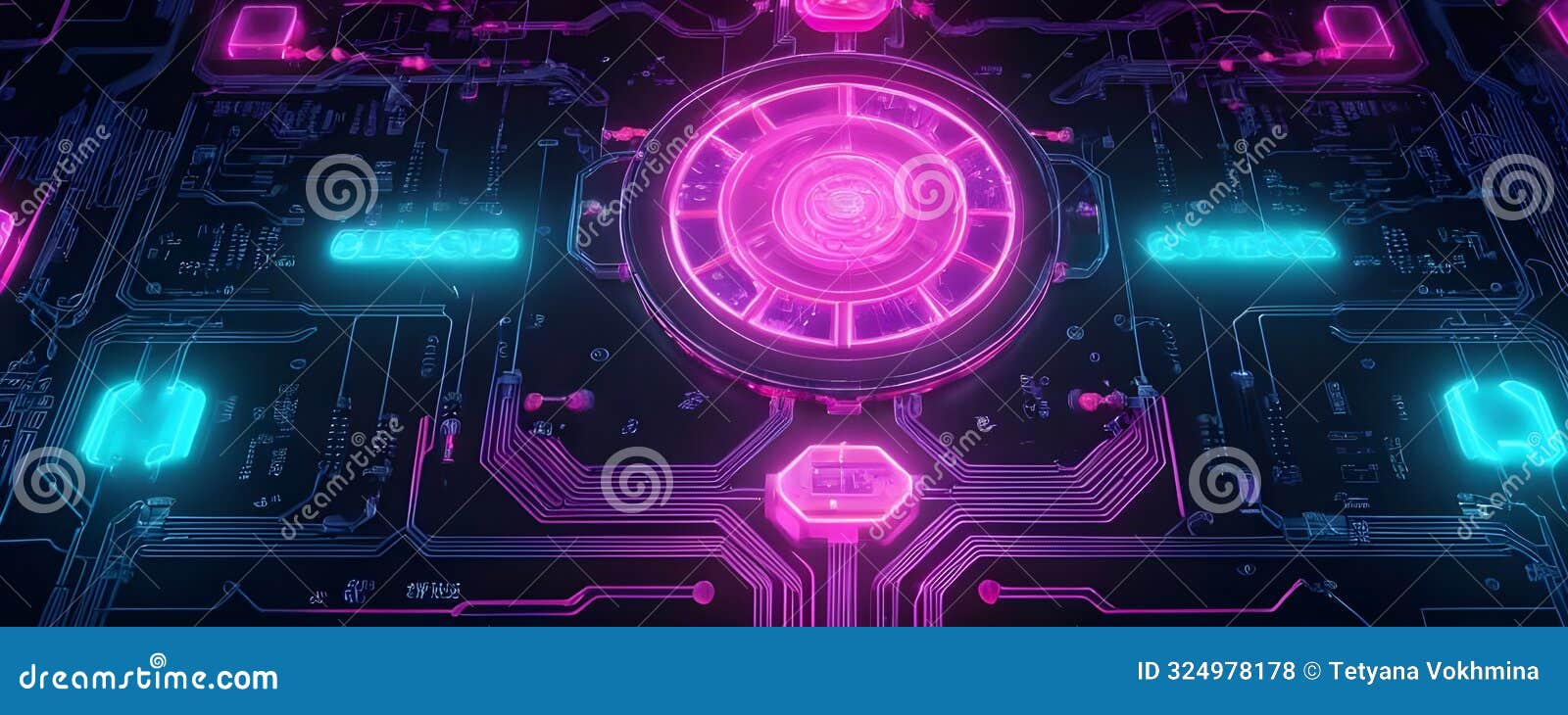Computer Motherboard with Pink and Blue Neon Lights, Electronic Circuit ...