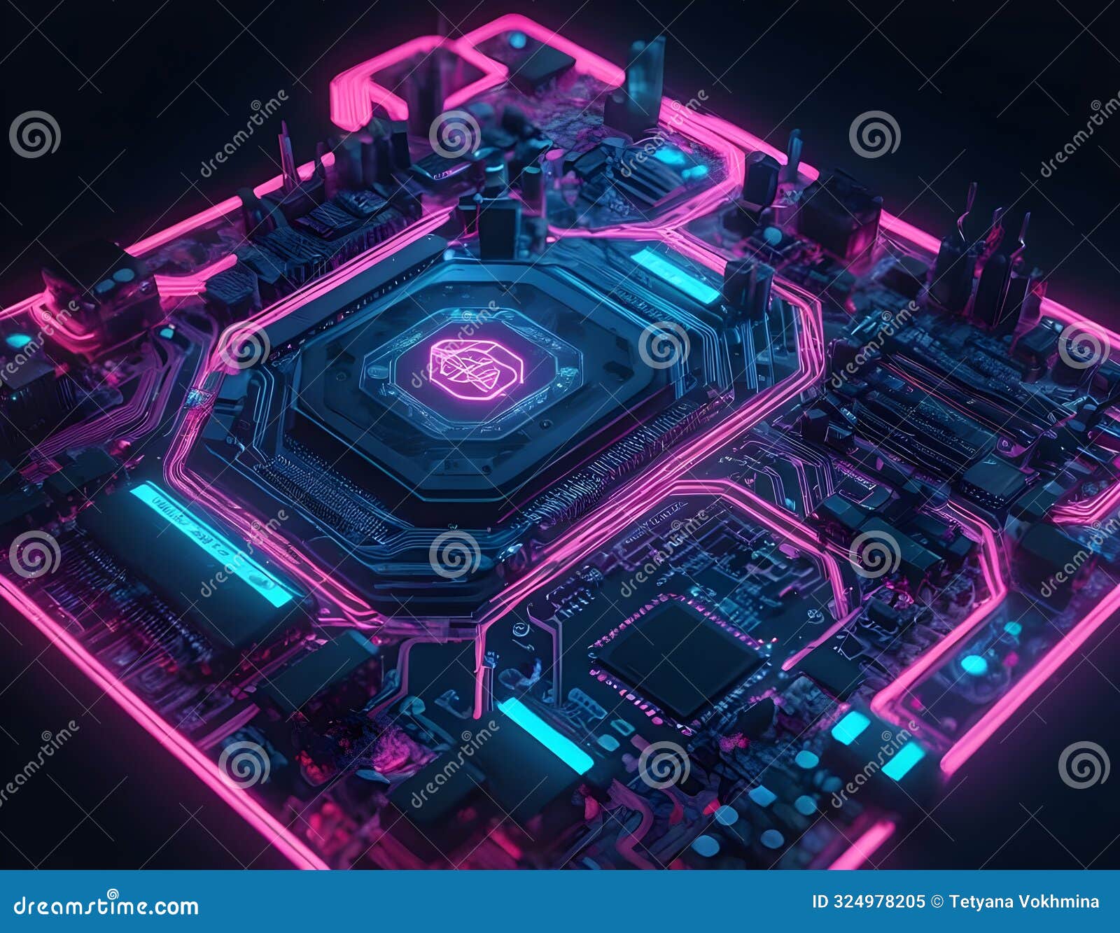 Computer Motherboard with Pink and Blue Neon Lights, Electronic Circuit ...