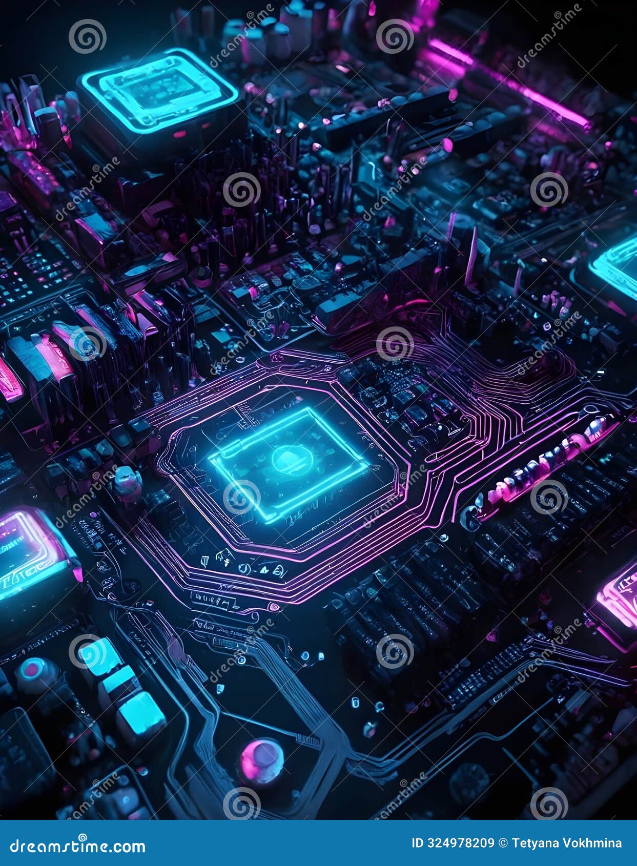 Computer Motherboard with Pink and Blue Neon Lights, Electronic Circuit ...