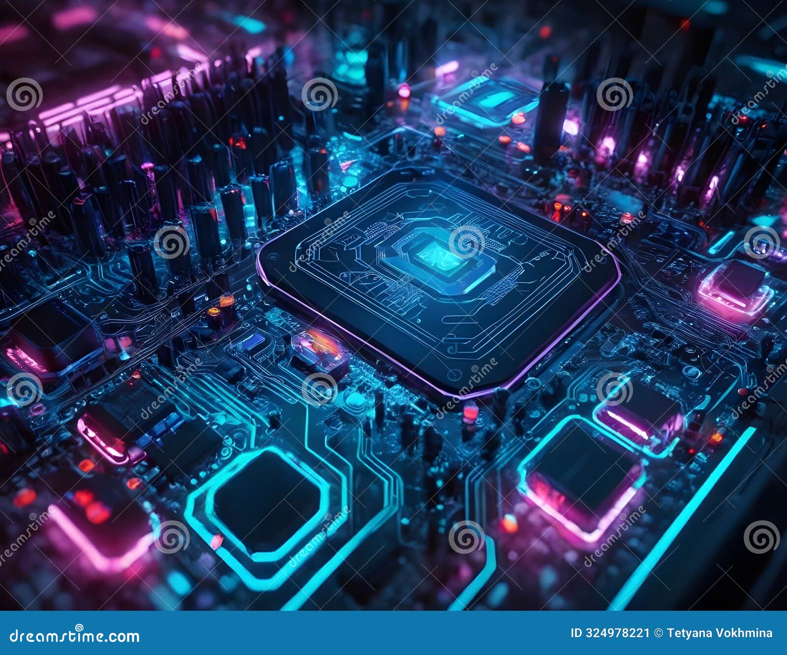 Computer Motherboard with Pink and Blue Neon Lights, Electronic Circuit ...
