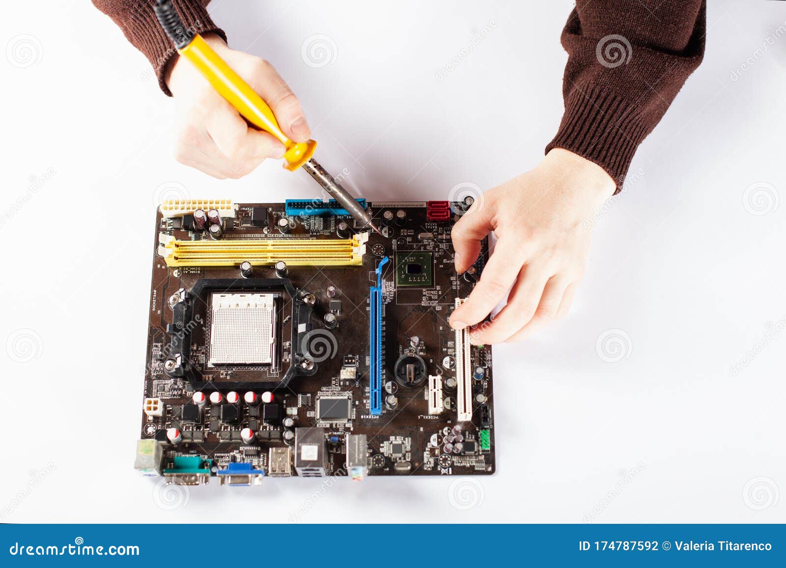 Computer Motherboard Repair. Stock Photo - Image of white, hands: 174787592