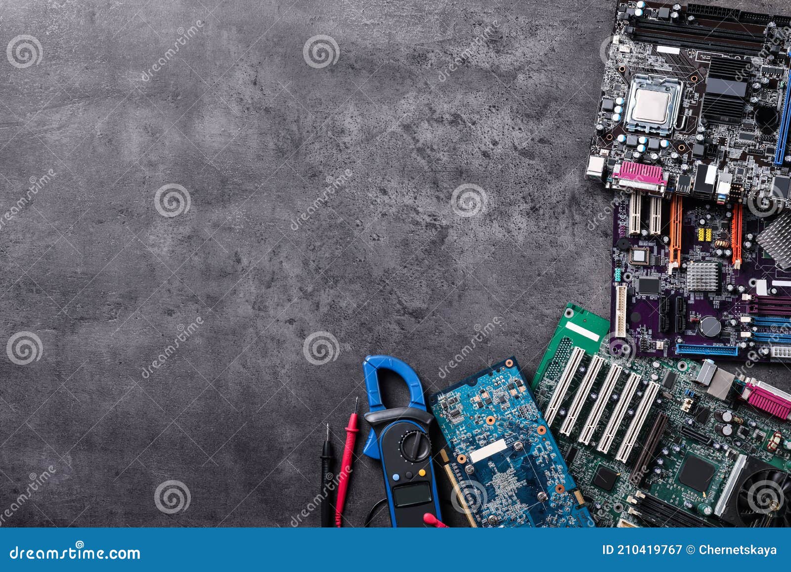 Computer Motherboards on Grey Table, Flat Lay with Space for Text ...