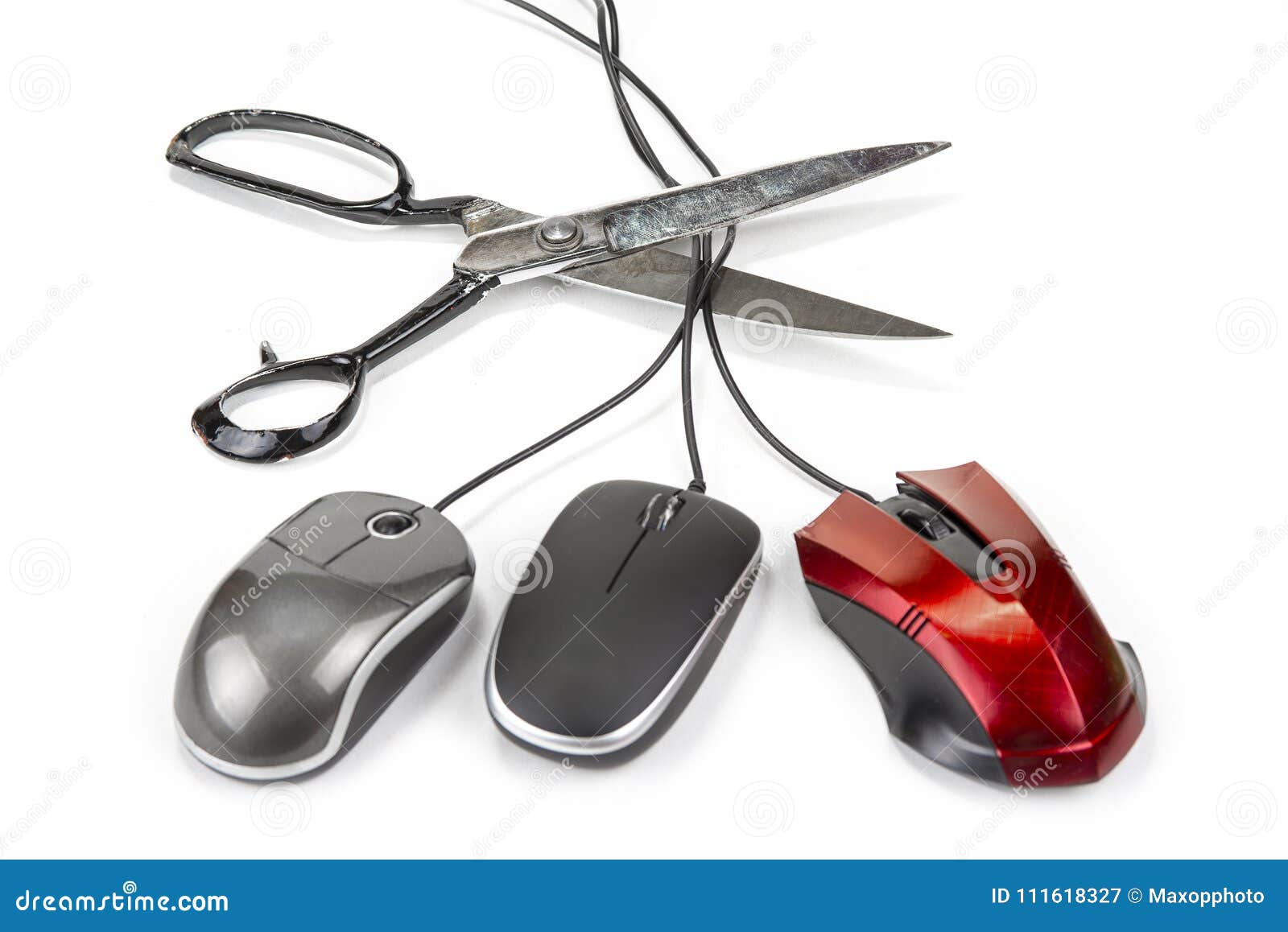 Computer Mouse with Black Cable and Scissors. Cut Out or Wireless ...