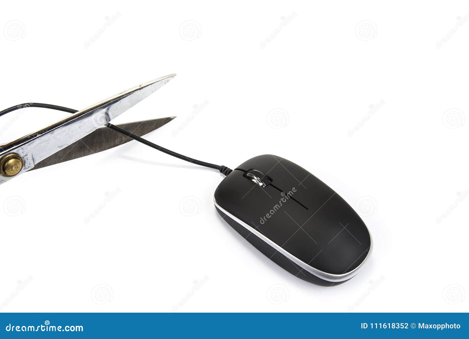 Computer Mouse with Black Cable and Scissors. Cut Out or Wireless ...