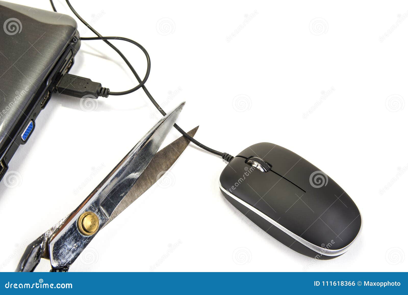 Computer Mouse with Black Cable and Scissors. Cut Out or Wireless ...