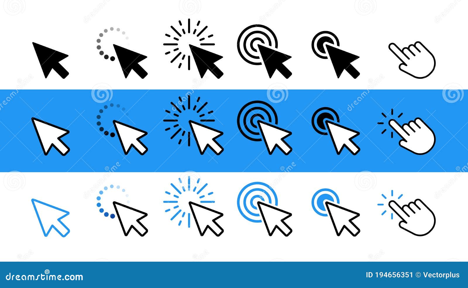 Computer Mouse Click Cursor Black, White and Blue Arrow Icons Set ...