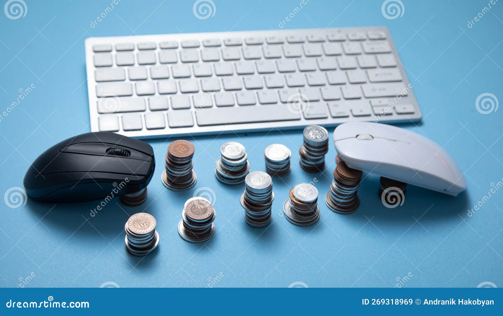 Computer Mouse and Coins on the Blue Background Stock Image - Image of ...