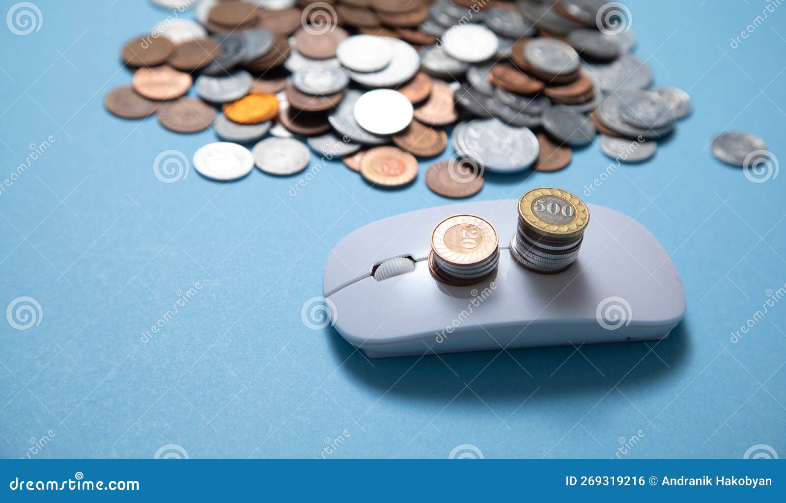 Computer Mouse and Coins on the Blue Background Stock Photo - Image of ...