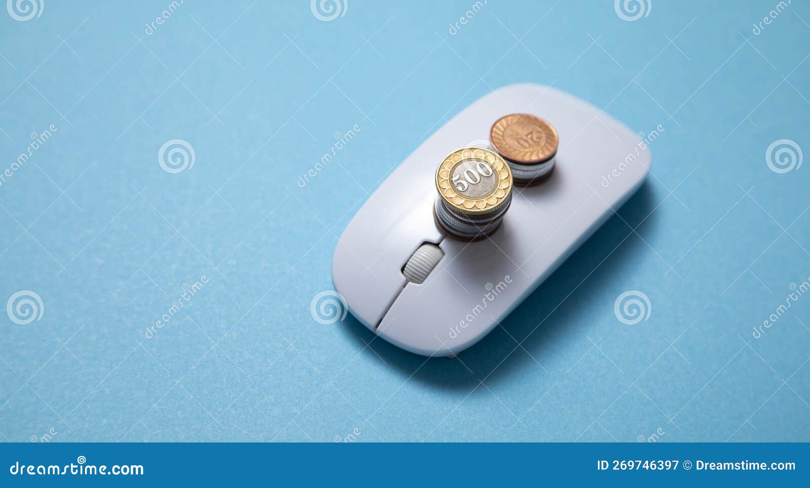 Computer Mouse and Coins on the Blue Background Stock Image - Image of ...