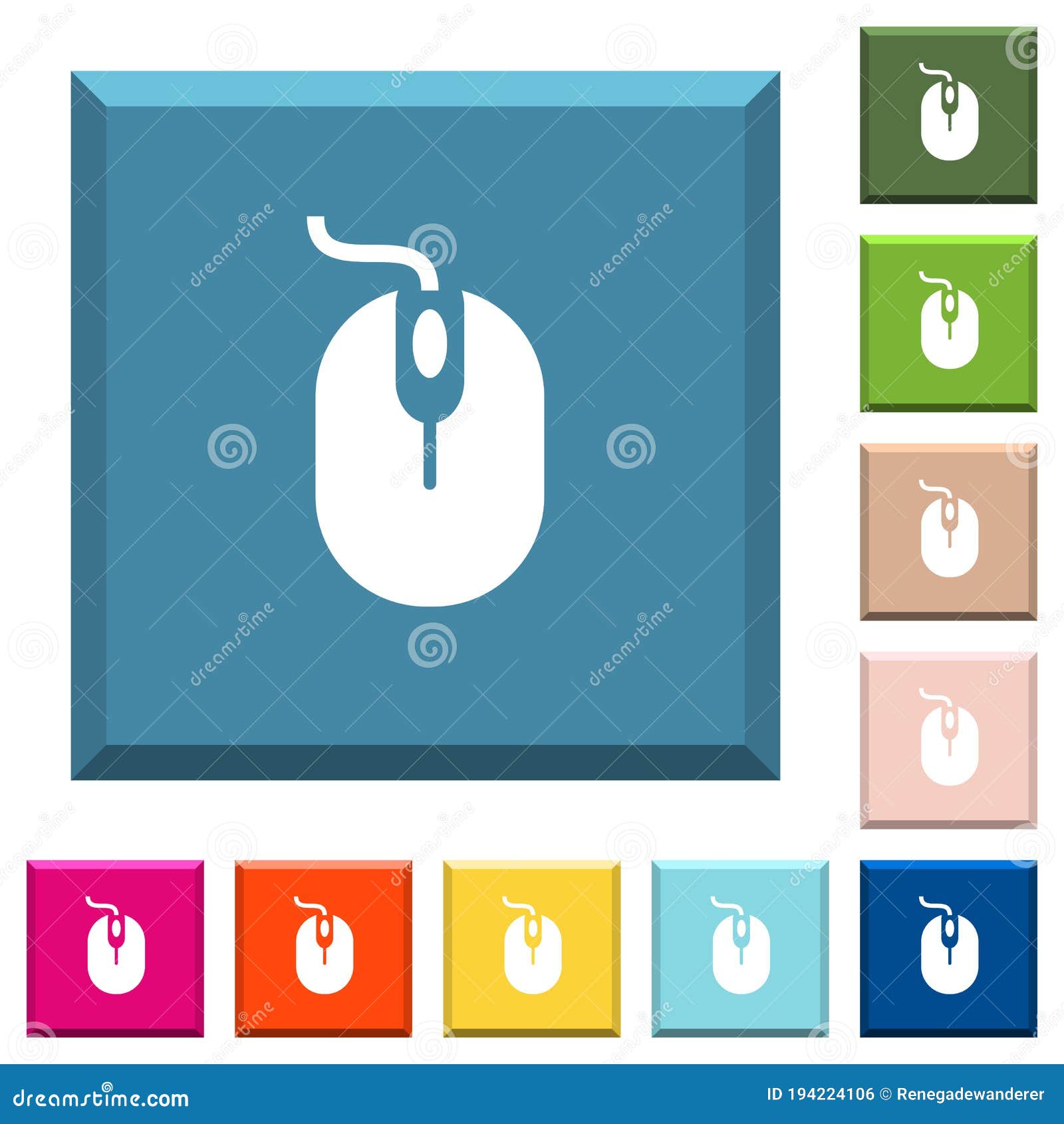 Computer Mouse with Cord White Icons on Edged Square Buttons Stock ...