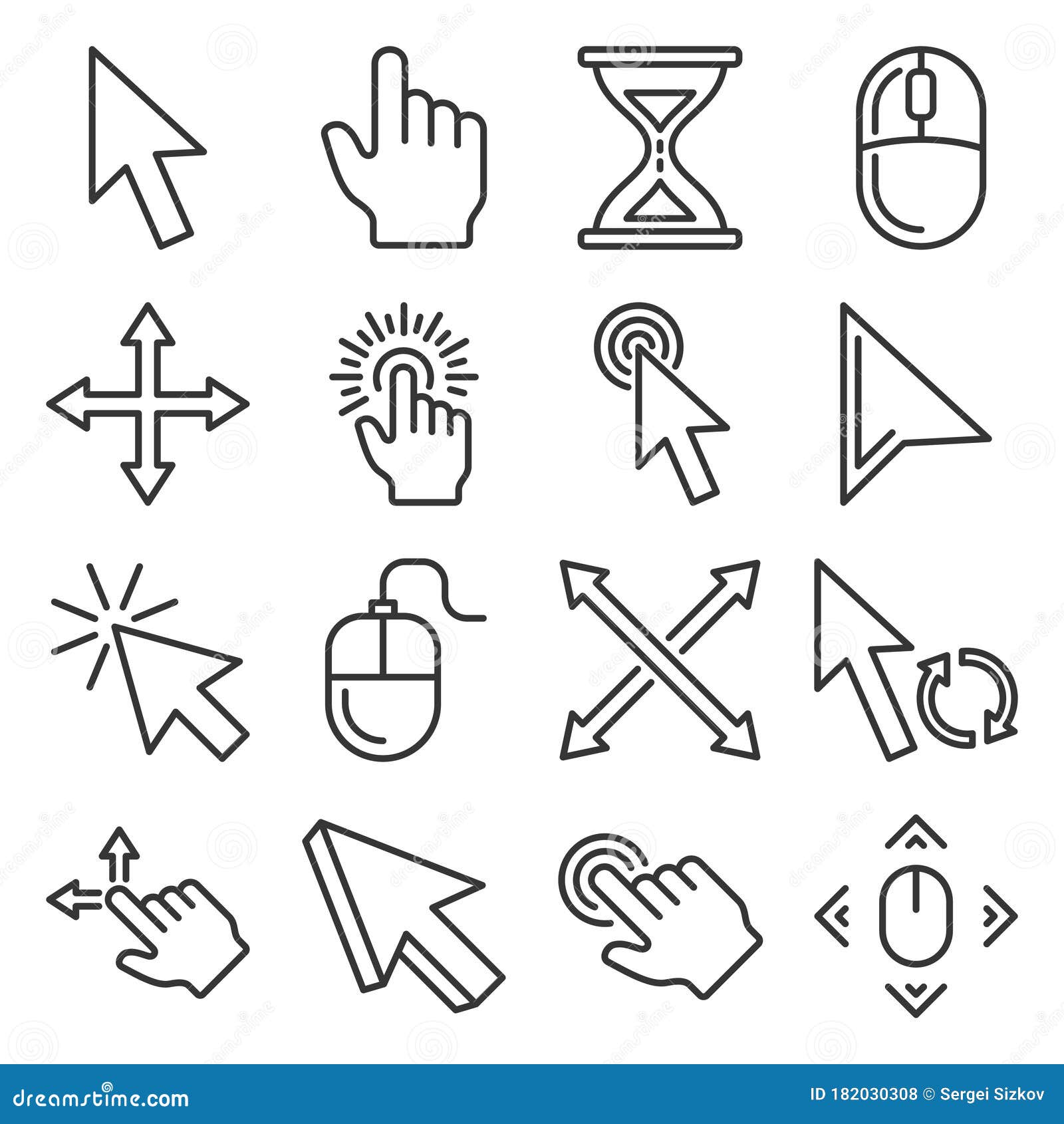 Computer Mouse Cursor Icons Set on White Background. Line Style Vector ...
