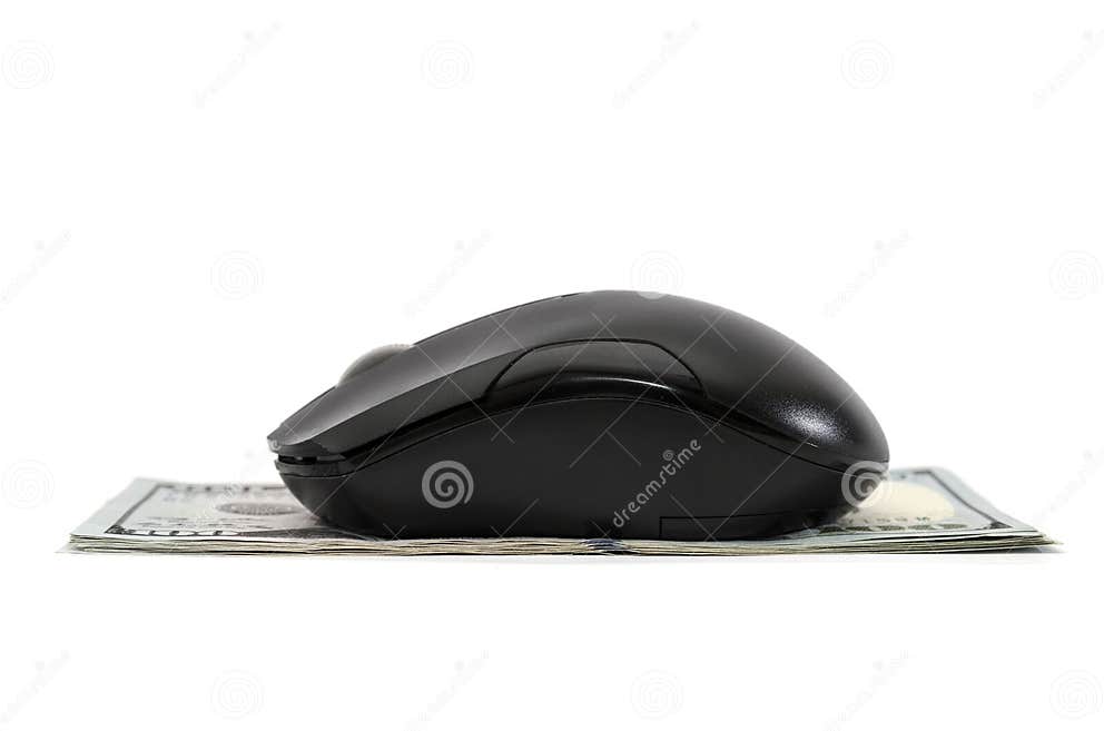 Computer Mouse on Dollars Isolated on a White Background. Side View ...
