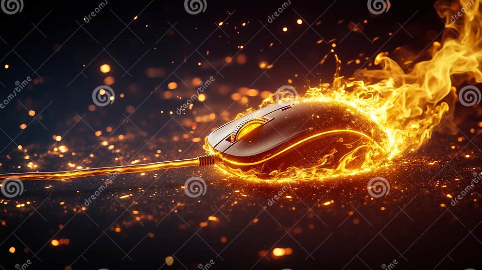 A Computer Mouse on Fire with a Black Background Stock Photo - Image of ...