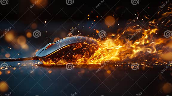 A Computer Mouse on Fire on a Black Surface Stock Image - Image of ...