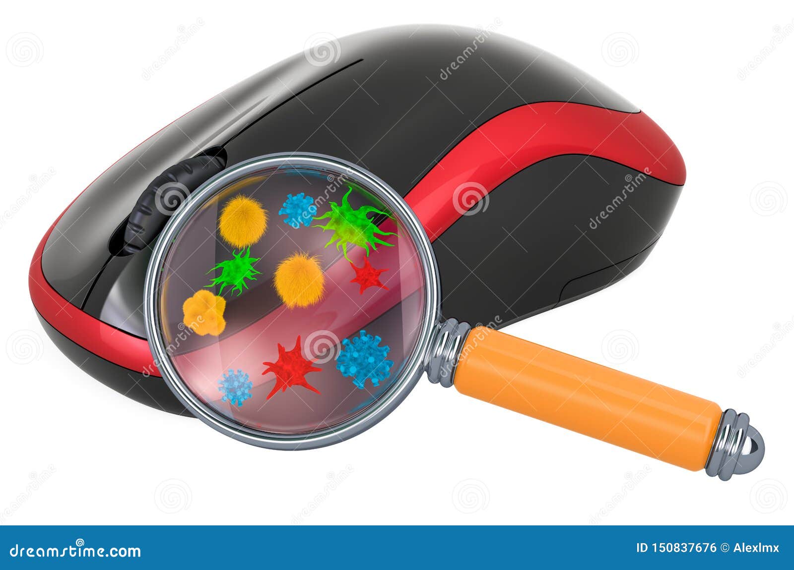 Computer Mouse with Germs and Bacterias Under Magnifying Glass. 3D ...