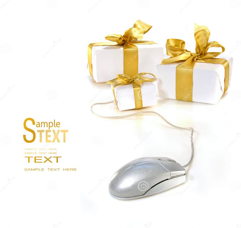 Computer Mouse with Gold Ribbon Gifts Stock Photo - Image of isolated ...