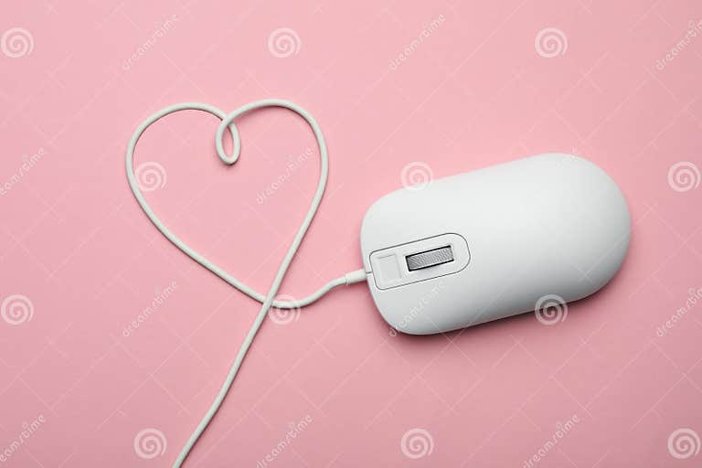 Computer Mouse with Heart Shaped Wire on Background, Top View Stock ...