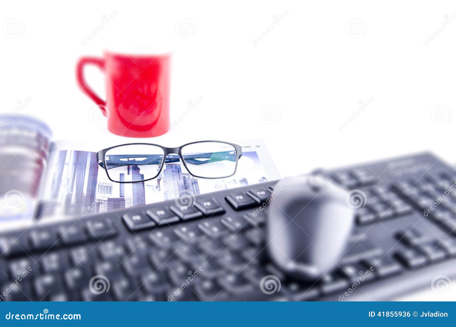 COMPUTER MOUSE and KEYBOARD with MUG and EYE GLASSES Stock Photo ...