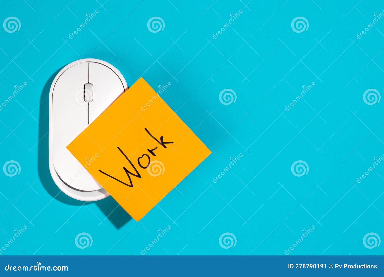 Computer Mouse and Reminder Paper with the Word Work on a Blue ...