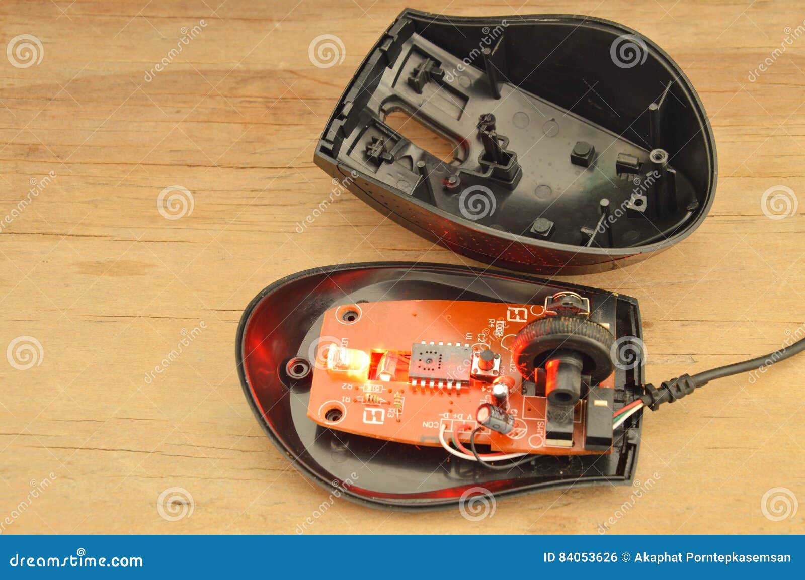 Computer Mouse Separated Parts on Wooden Board Stock Photo - Image of ...
