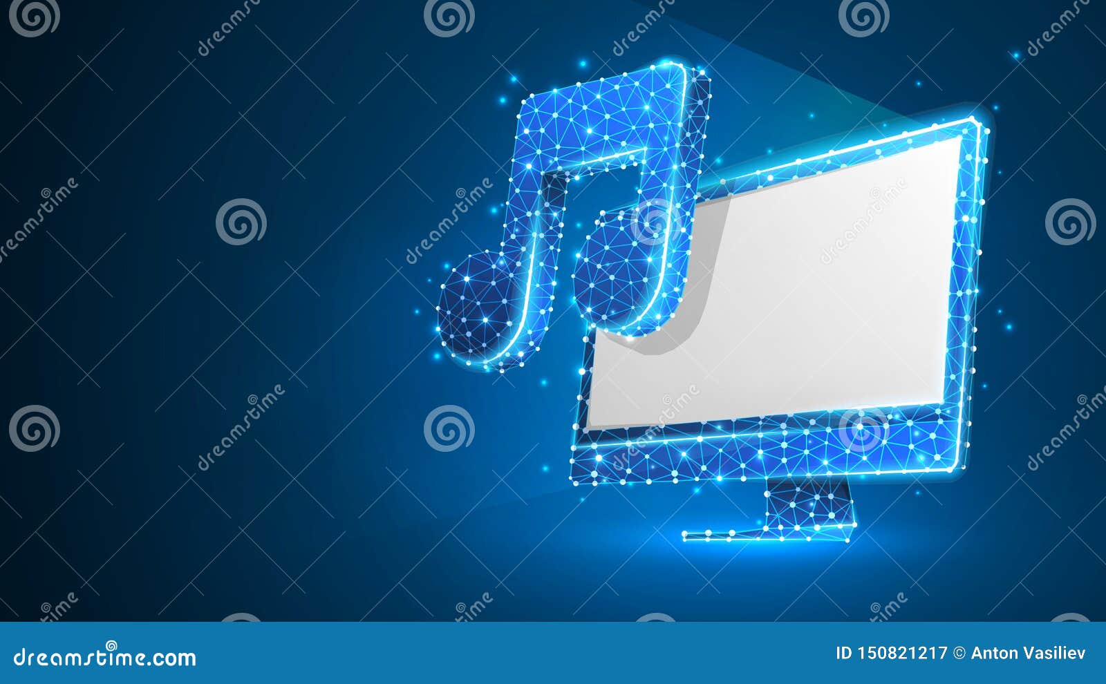 Computer with Music Note on White Monitor Screen. Polygonal Sound ...
