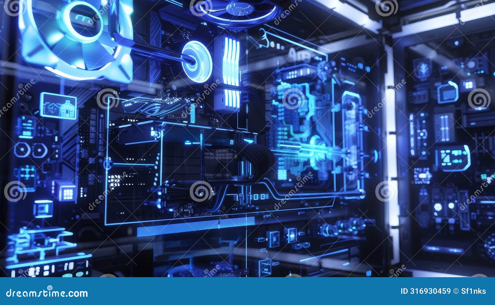 A Computer with Neon Blue Liquid Cooling Pipes and Illuminated Hardware ...