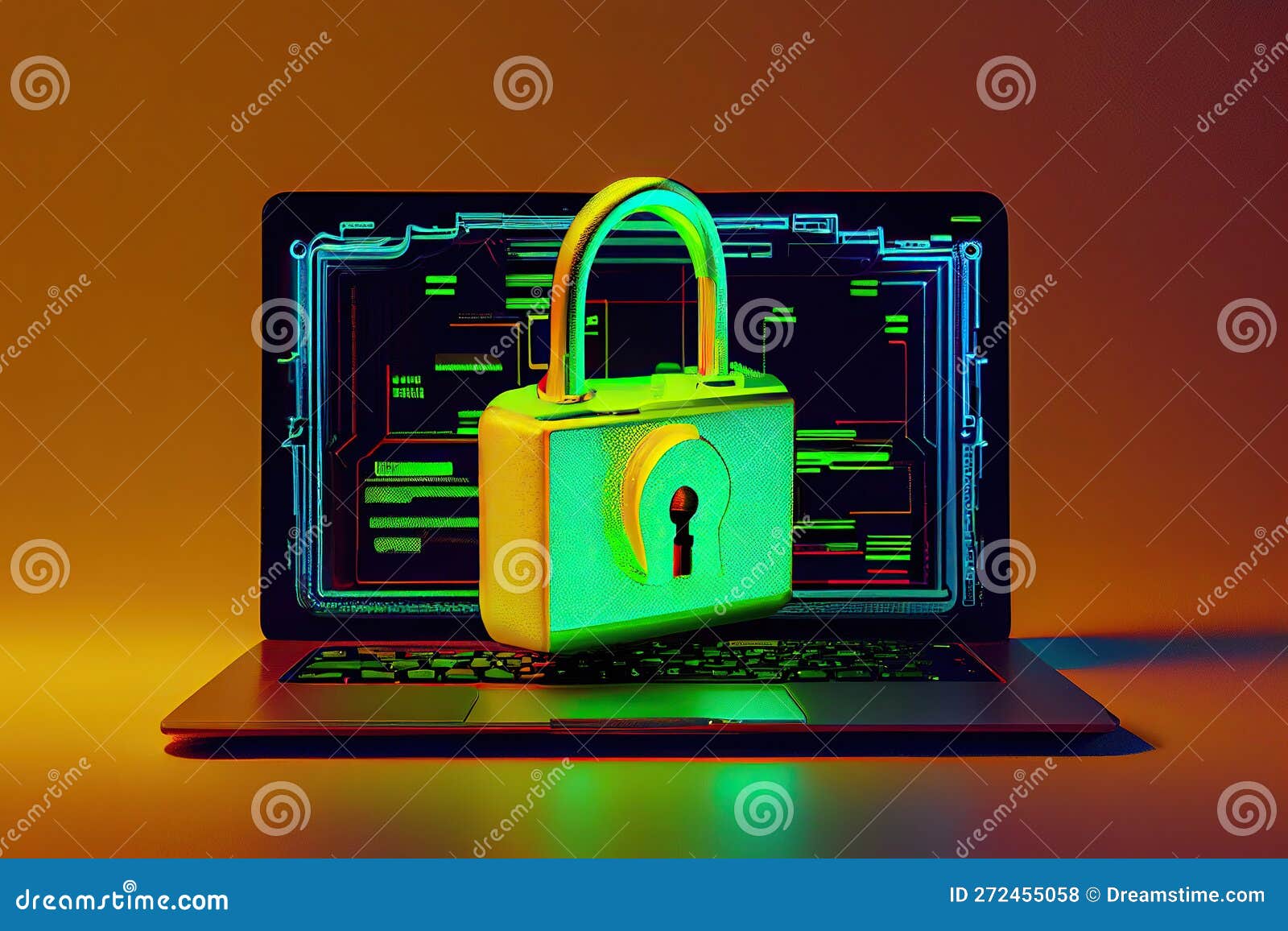 Computer on Neon Green Background with Lock As a Concept of Cyber ...