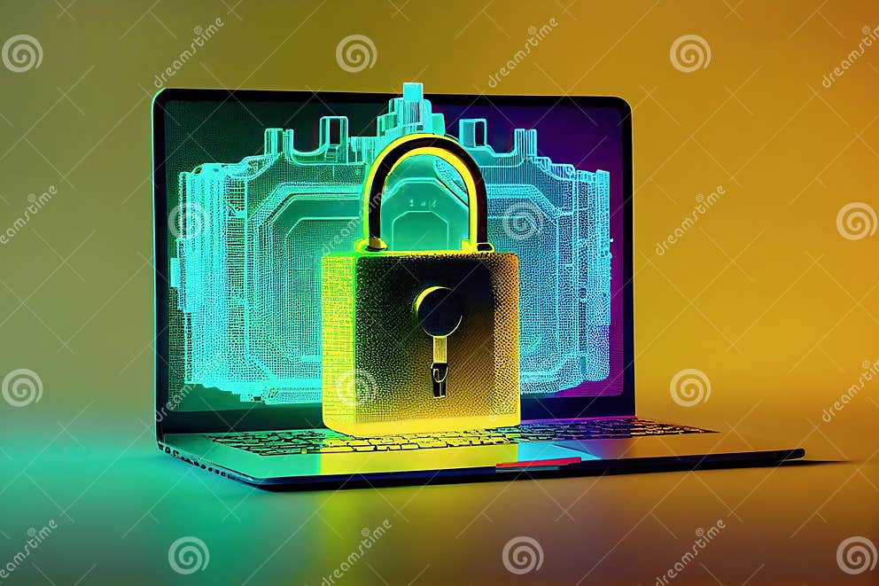 Computer on Neon Green Background with Lock As a Concept of Cyber ...