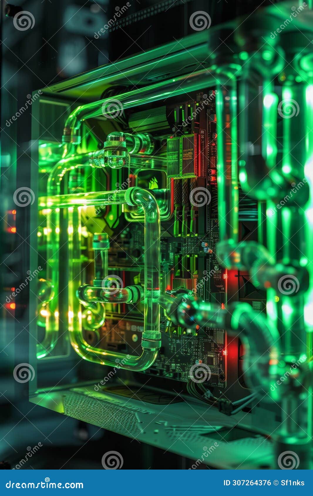 A Computer with Neon Green Liquid Cooling Pipes and Illuminated ...