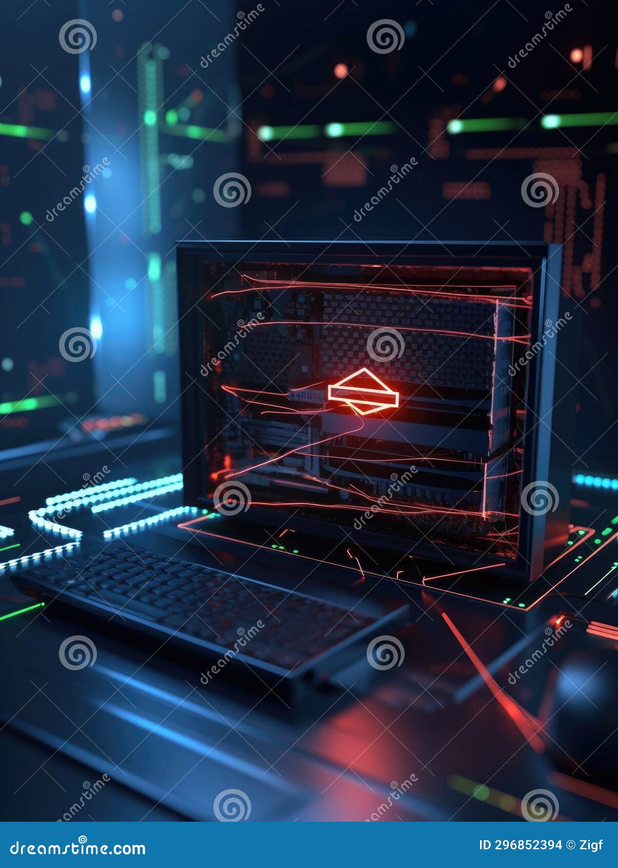 Computer with Neon Lights on it in a Dark Room Stock Illustration ...