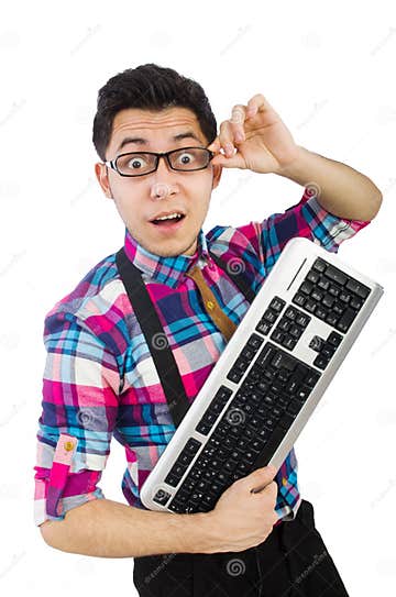 Computer Nerd with Keyboard Isolated Stock Image - Image of glasses ...